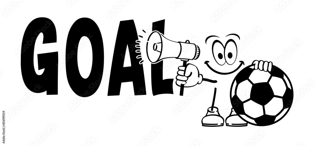 Cartoon soccer ball mascot and megaphone. Goal slogan. Soccer border ...