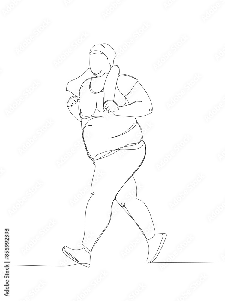 Overweight woman doing sports, running one line art. Continuous line ...