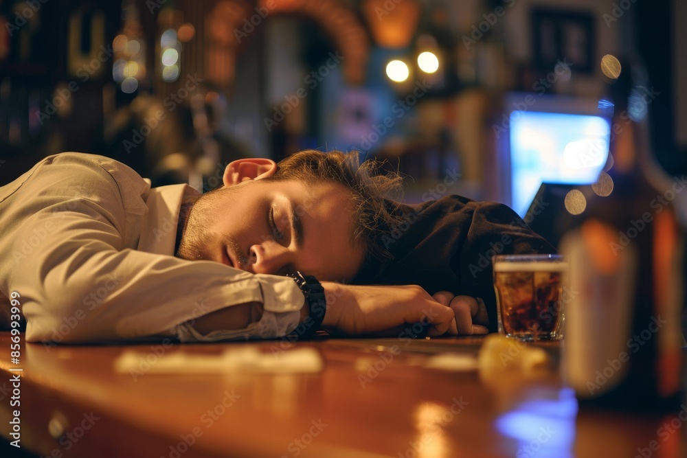 Foto de Young drunk man sleeping on bar counter Young drunk man ...