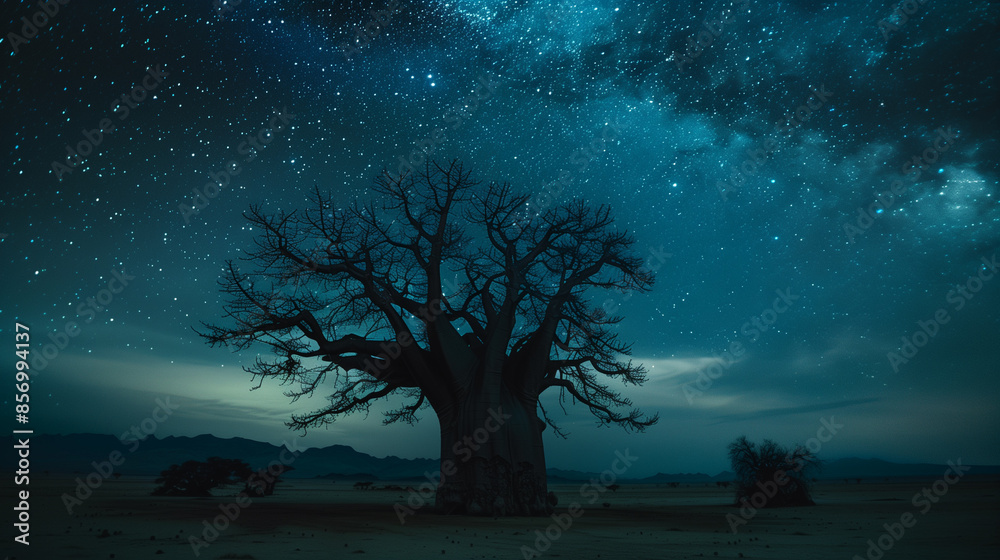 African Baobab tree with a starlit Milky Way night sky Stock ...