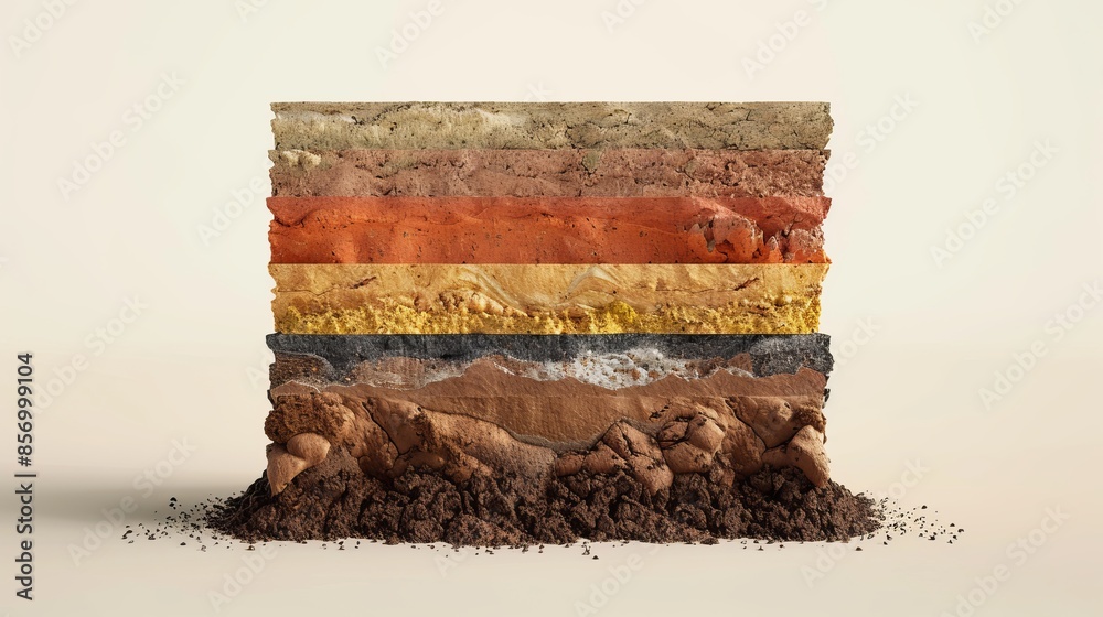 Imagine a 3D illustration depicting four cross-section soil layers ...