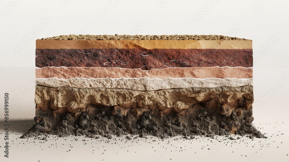 Imagine a 3D illustration depicting four cross-section soil layers ...