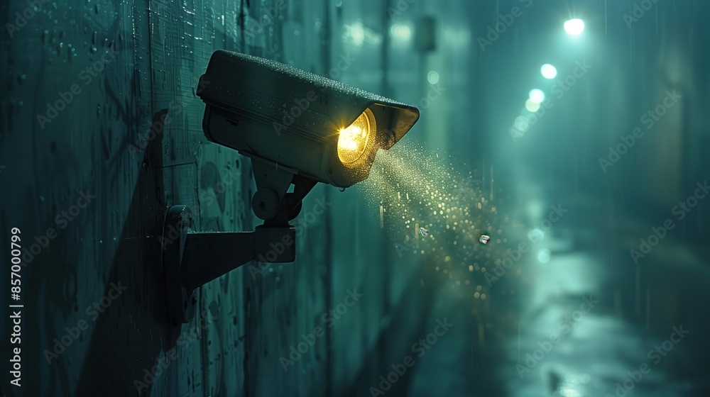 Foto de Surveillance Camera in Dark Alley. Security camera capturing a ...