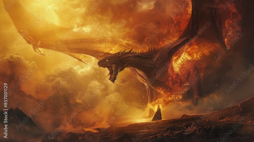 Create a dramatic scene of a dragon exhaling smoke and fire. Picture ...