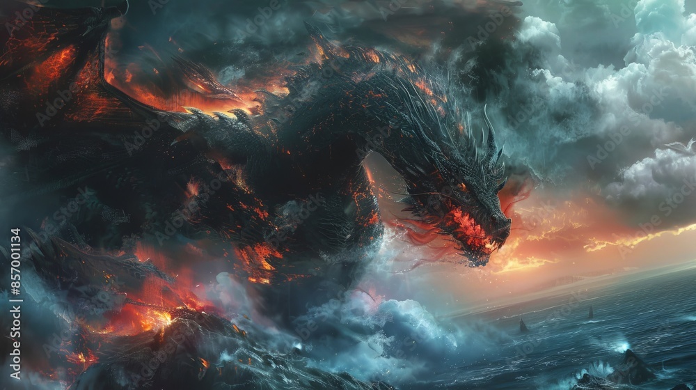 Create a dramatic scene of a dragon exhaling smoke and fire. Picture ...