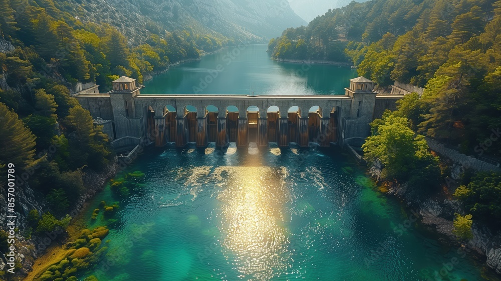 Hydroelectric Dam in Forested Gorge. Hydroelectric dam located in a ...