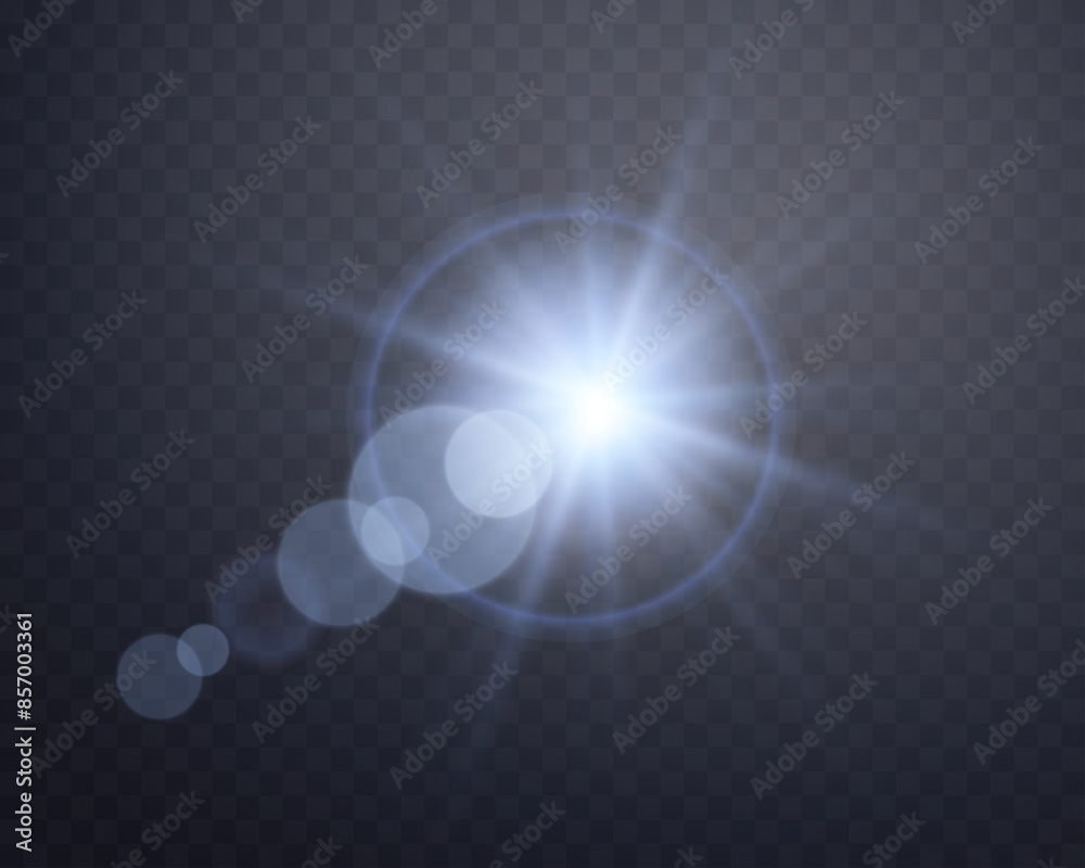 Blue sunlight lens flare, sun flash with rays and spotlight. Glowing ...