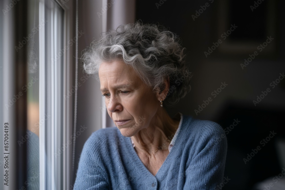 Depression, sad and senior woman by window looking, upset, lonely and ...