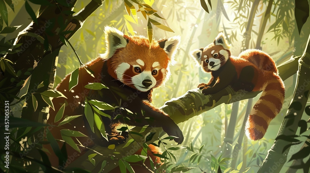 Imagine a family of adorable red pandas playing in a bamboo forest ...
