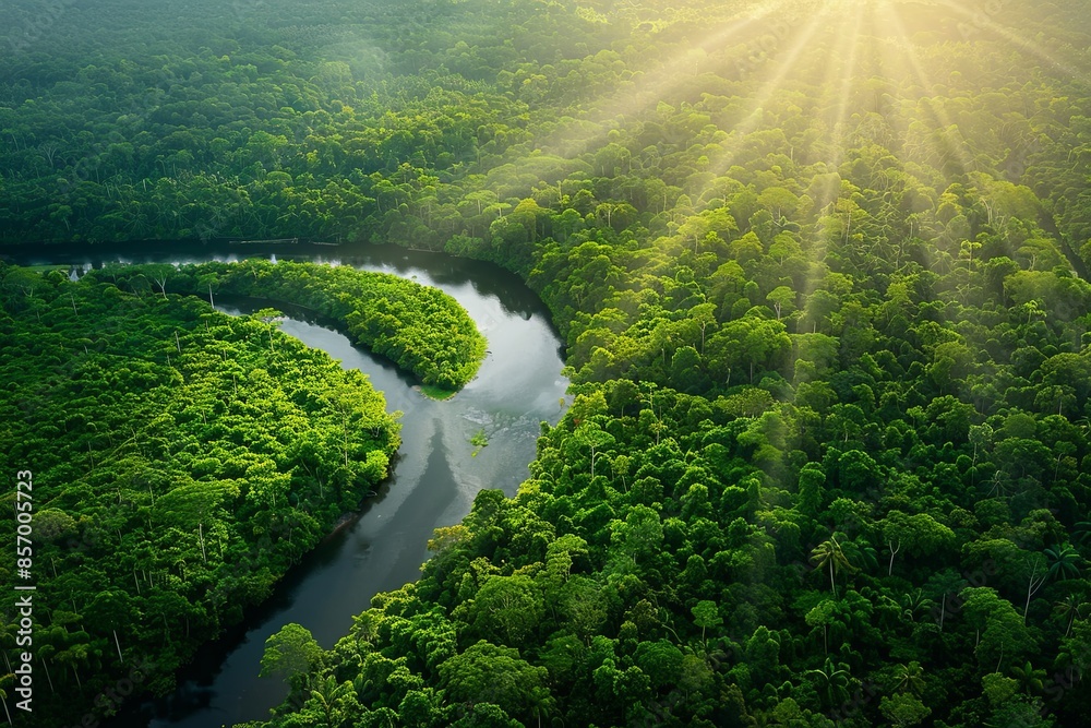 Aerial view of tropical rainforests and winding rivers, with sunlight ...