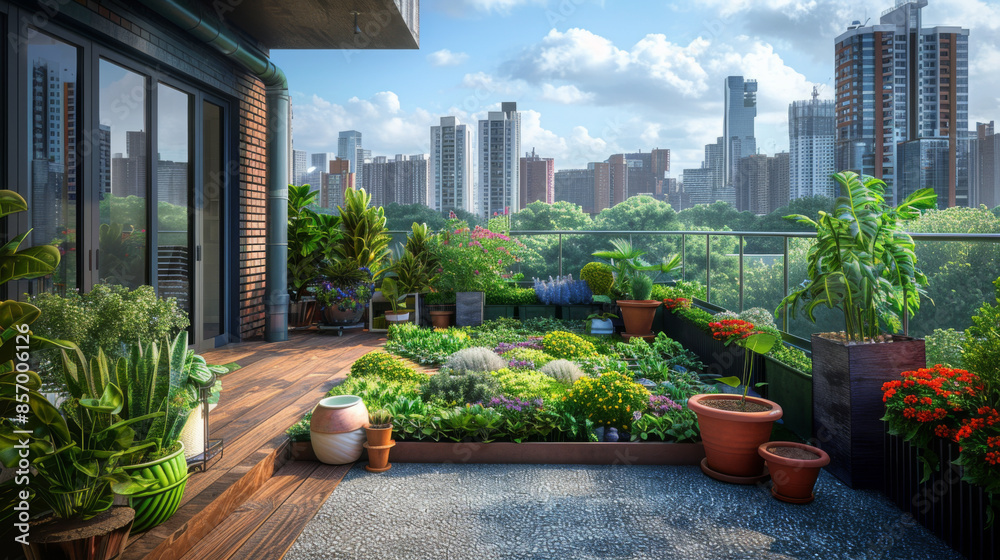 Lush urban balcony garden with diverse plants and flowers, overlooking ...
