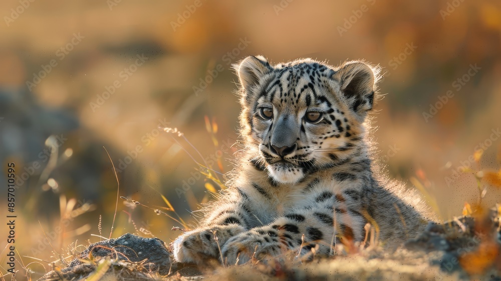 In the soft light of dawn, the portrait of the snow leopard cub ...