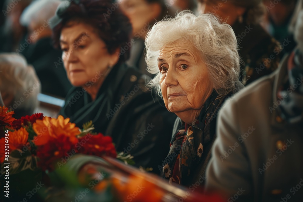 Funeral, church and people with coffin for goodbye, mourning and grief ...