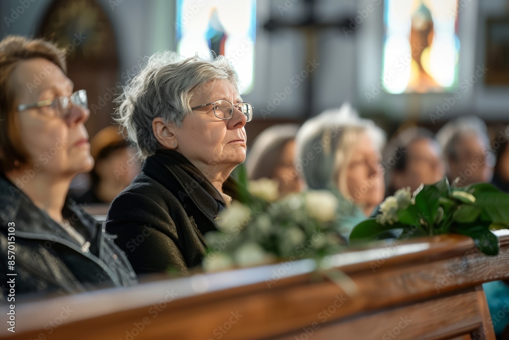 Funeral, church and people with coffin for goodbye, mourning and grief ...