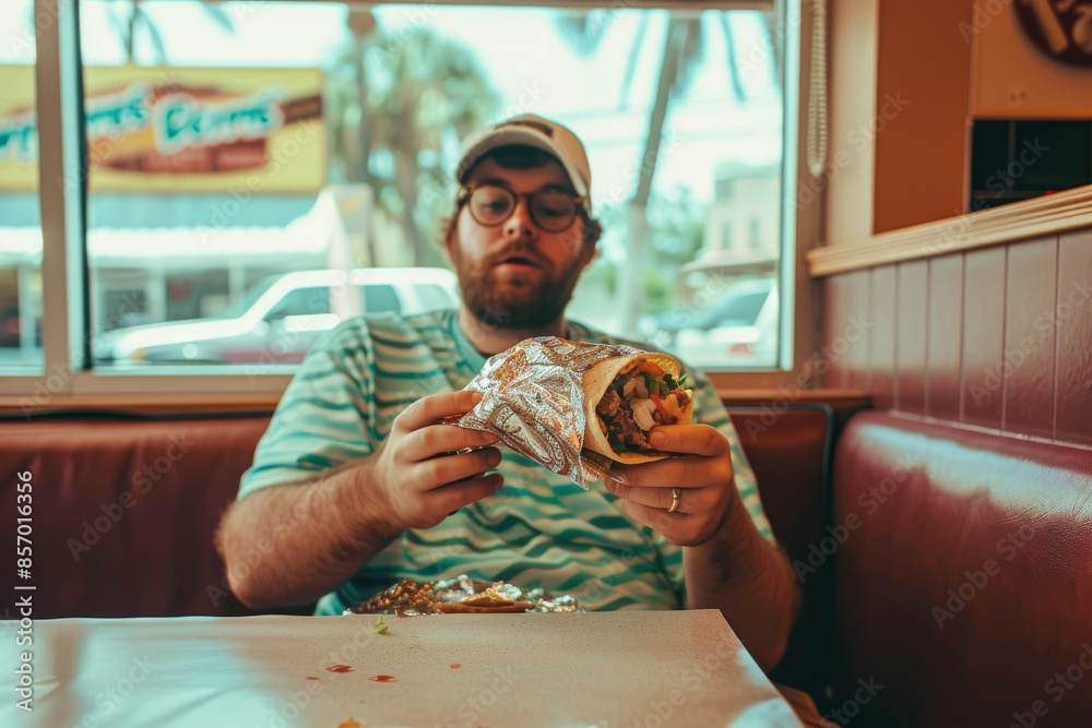 Man eating burritos One man, male sitting in fast food restaurant on ...