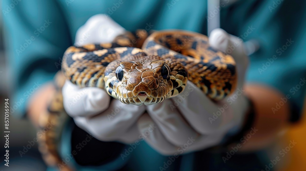 A close-up image showing a snake's head held by a professional handler ...