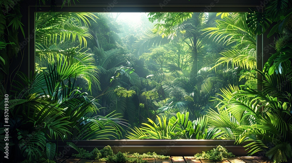 Rainforest Canopy: A window looking out onto a dense rainforest canopy ...