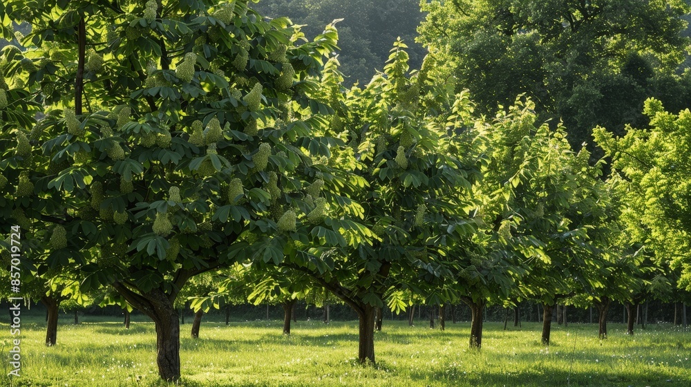 Visualize a lush, green meadow with a group of chestnut trees. Picture ...