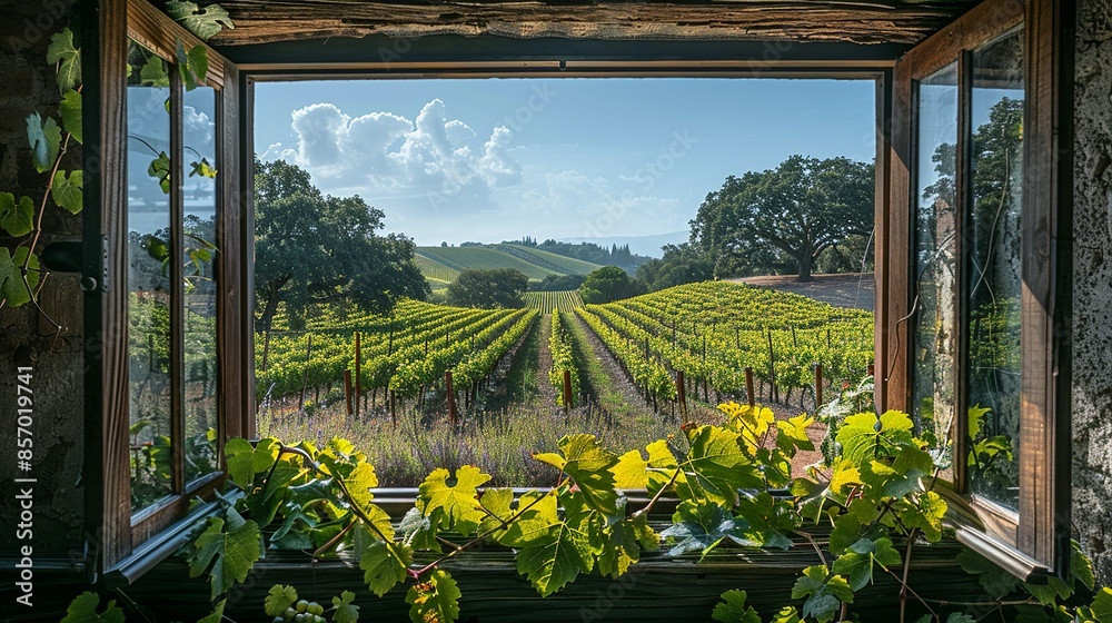 Vineyard Vista: A window overlooking a lush vineyard, with rows of ...