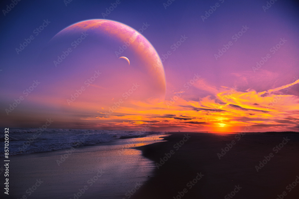 Alien landscape concept art use for desktop wallpaper, A bright sunset ...