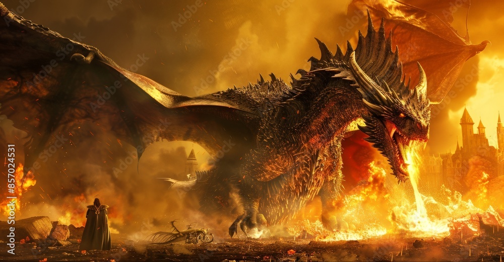 Visualize an epic fantasy battle with dragons. Picture a dragon ...