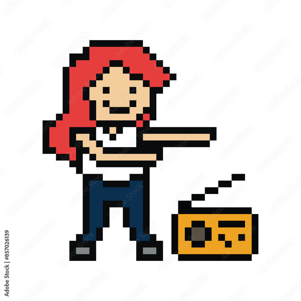 Cute pixel cartoon 8bit character woman exercises training dance ...