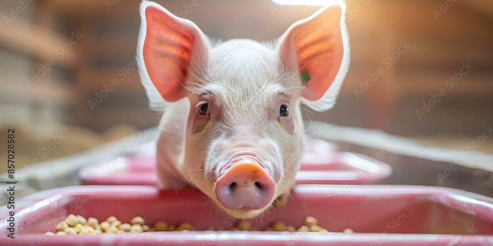 Pigs in a pig farm eat healthy food from troughs in a barn. Concept Pig ...