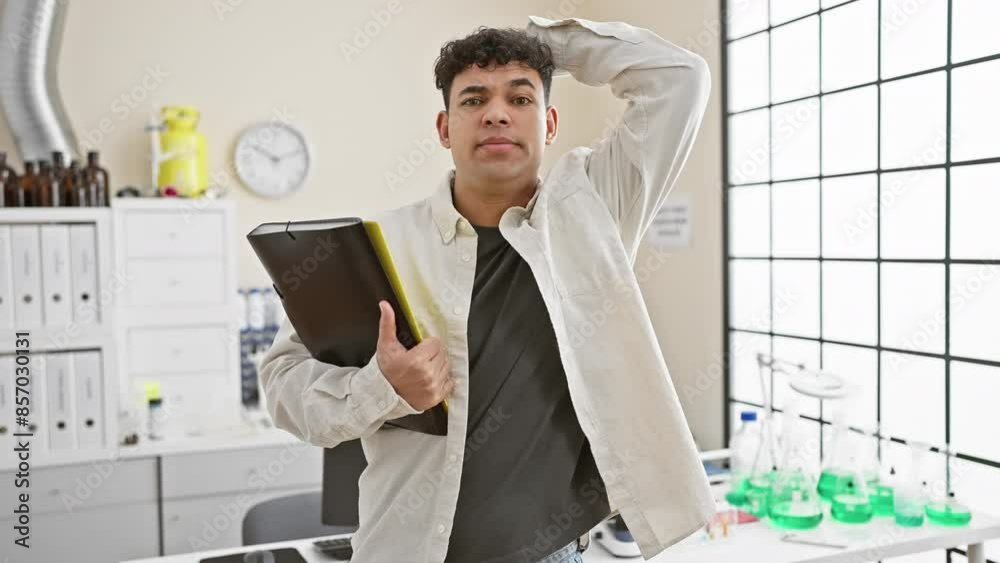 Frustrated young arab man, shocked and stressed, holding lab documents ...