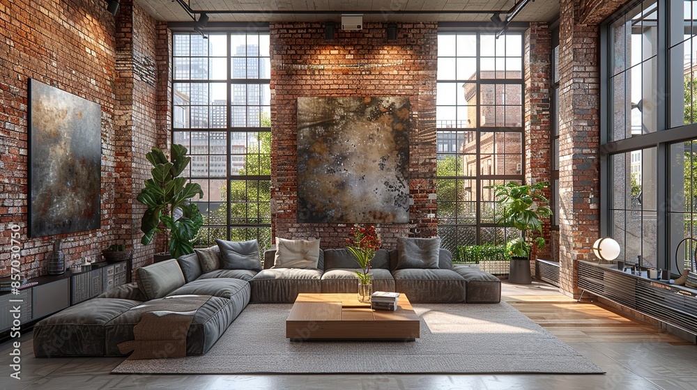 The industrial chic interior of a converted warehouse loft, with ...