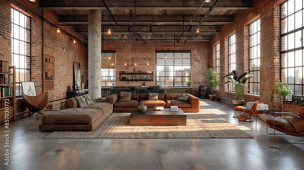 The industrial chic interior of a converted warehouse loft, with ...