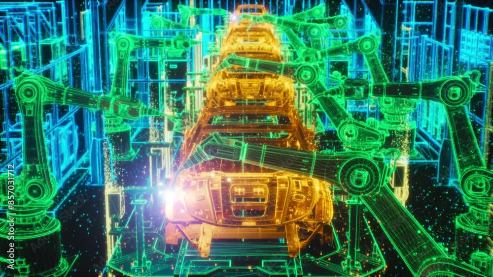 Front View Car Factory AI Vision Digitalization: Automated Robot Arm ...