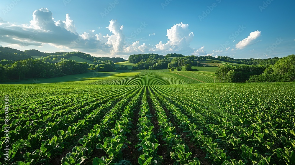 Picturesque farmland stretching towards the horizon, neat rows of crops ...