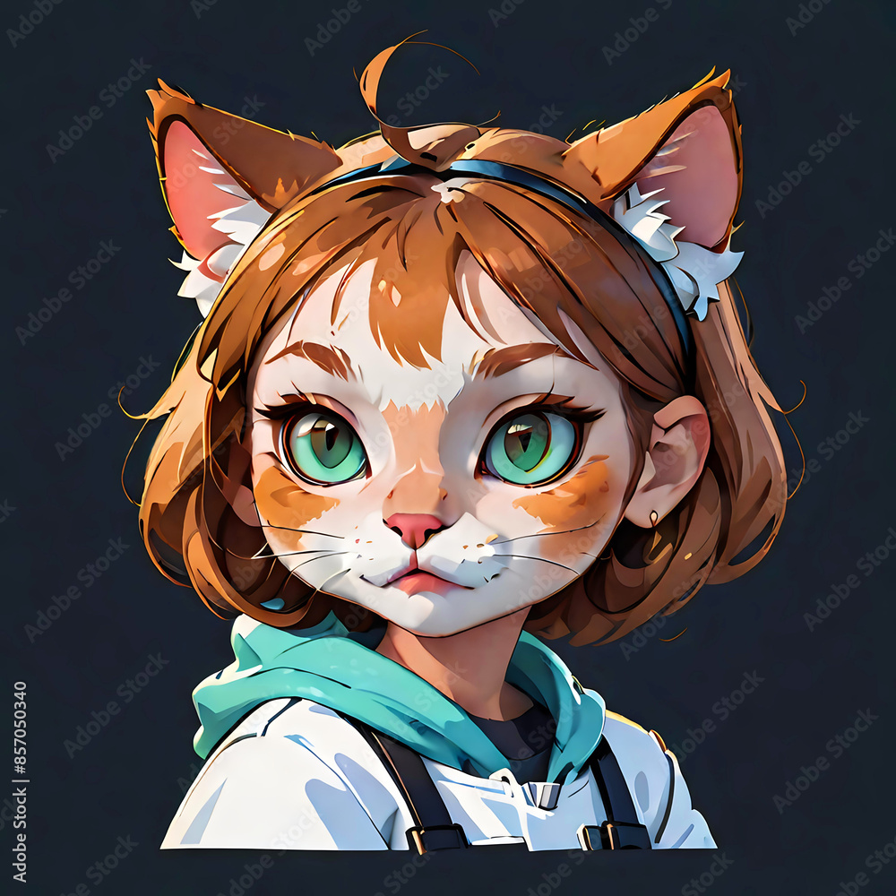 Anime Girl with Cat Features Illustration. This square image captures a ...