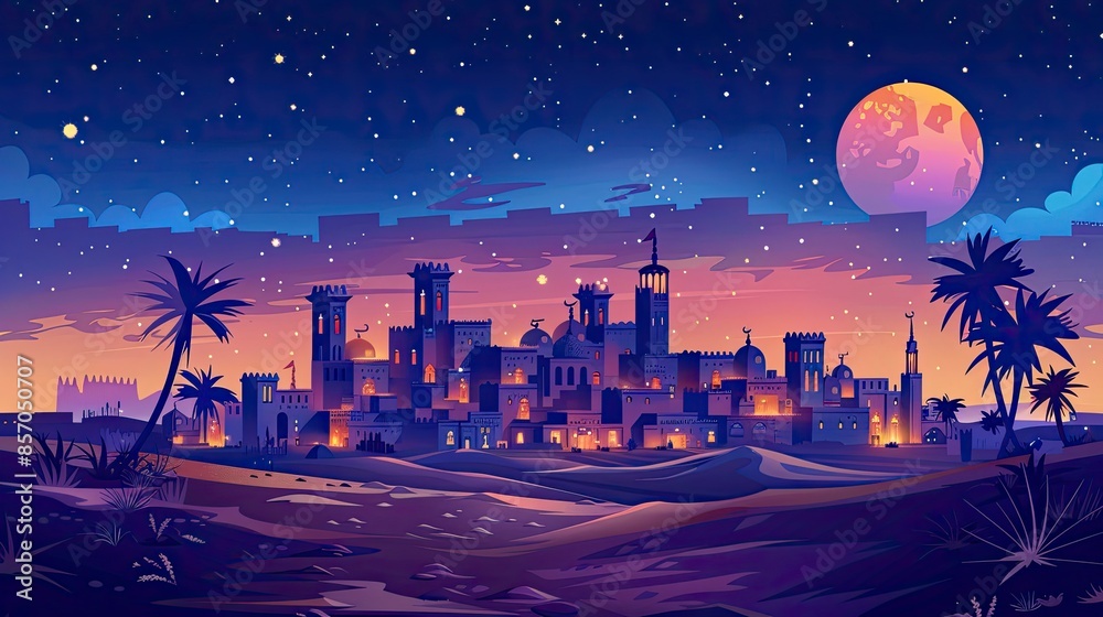 Arabian cityscape. Sunset town scenery. Mosque and house silhouettes ...