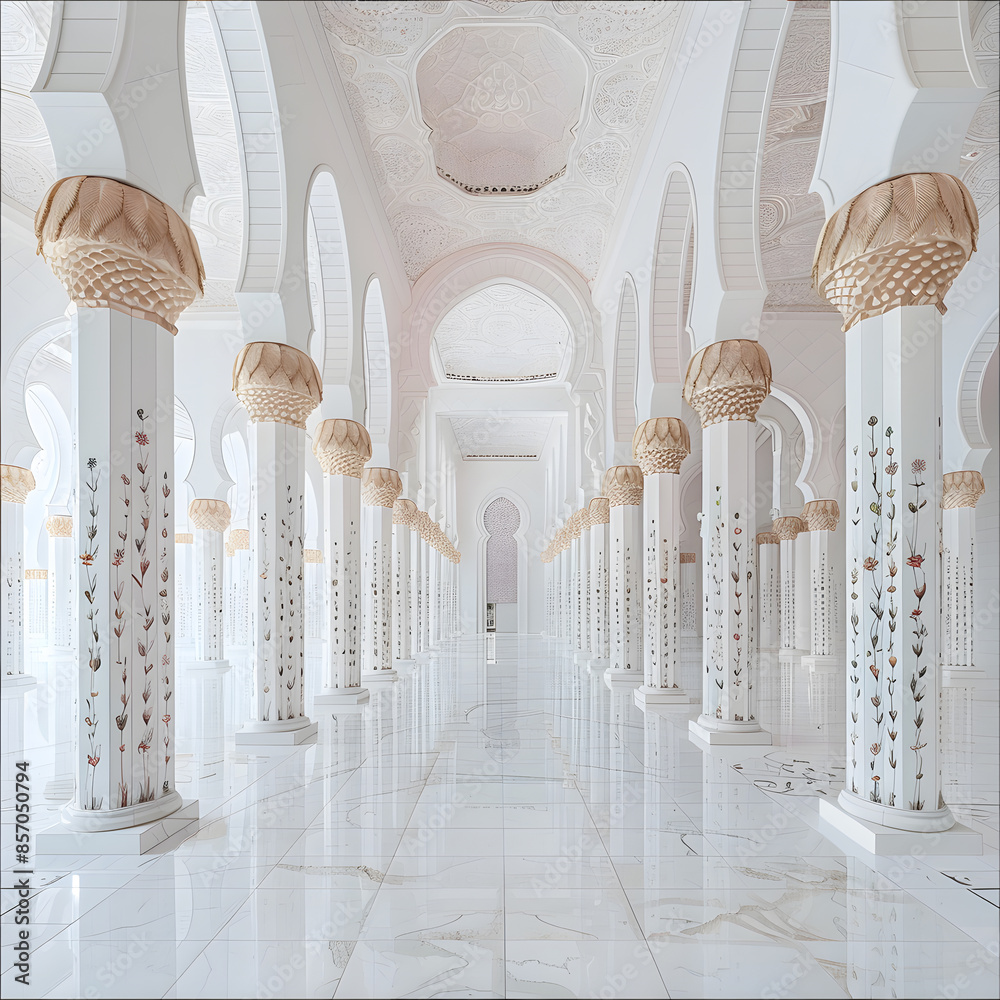 3d realistic pink islamic column temple in blue sky and sunlight, white ...