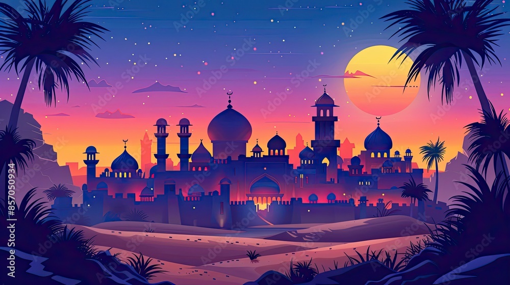 Arabian cityscape. Sunset town scenery. Mosque and house silhouettes ...