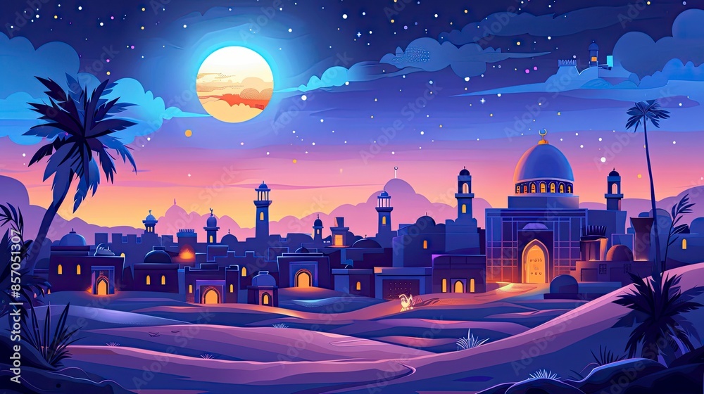 Arabian cityscape. Sunset town scenery. Mosque and house silhouettes ...