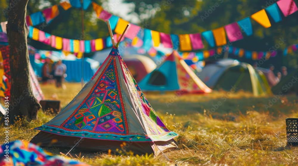 colorful festival tent set up in a lively outdoor festival setting ...
