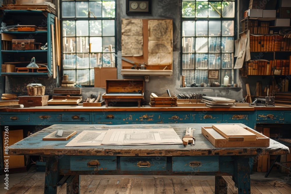An old-style workshop with an antique blue drafting table, vintage ...
