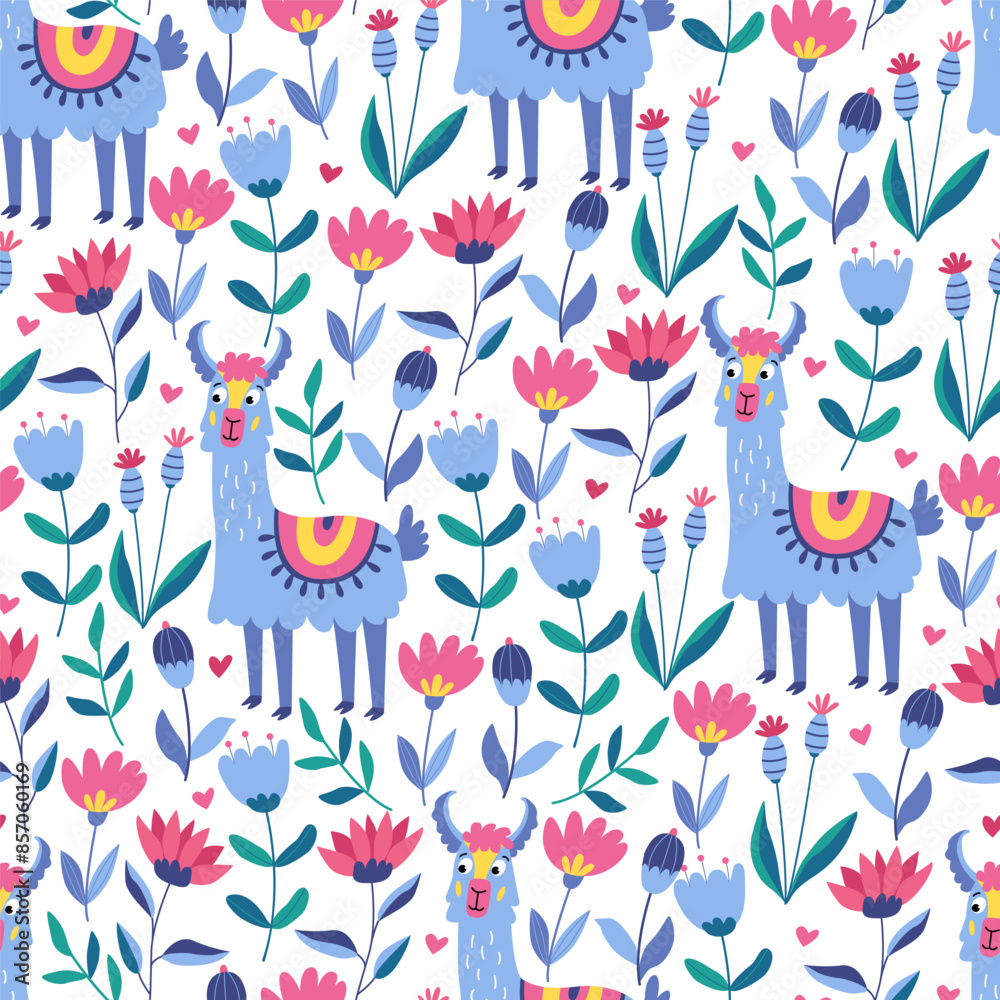 Seamless pattern with funny colorful lamas and flowers on white. Great for fabrics, wrapping ...