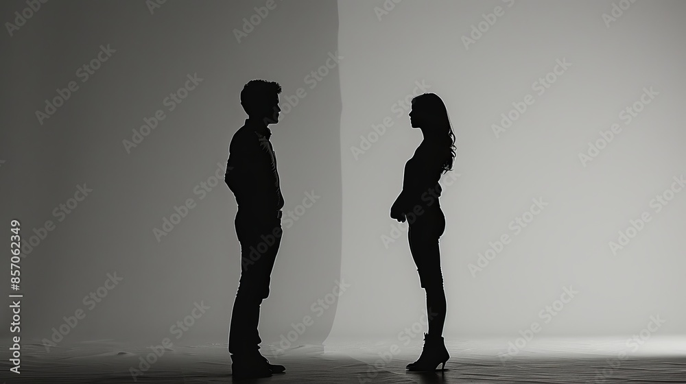 Silhouettes of a couple standing apart, their body language indicating ...