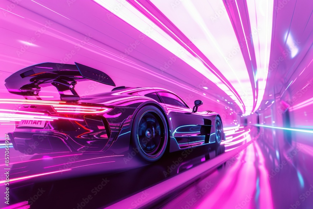 Neon cyber city high-speed car race at night with glowing lights ...