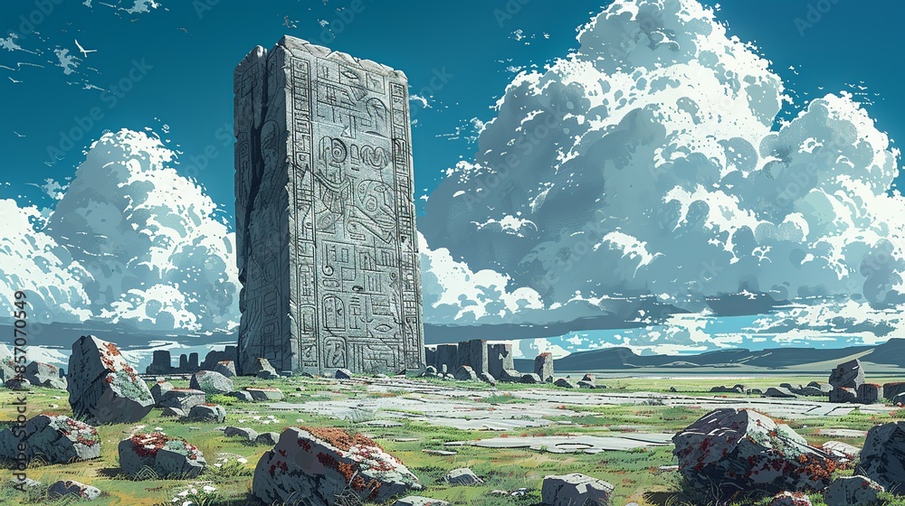 Poster A towering monolith carved with intricate runes and glyphs, its ...