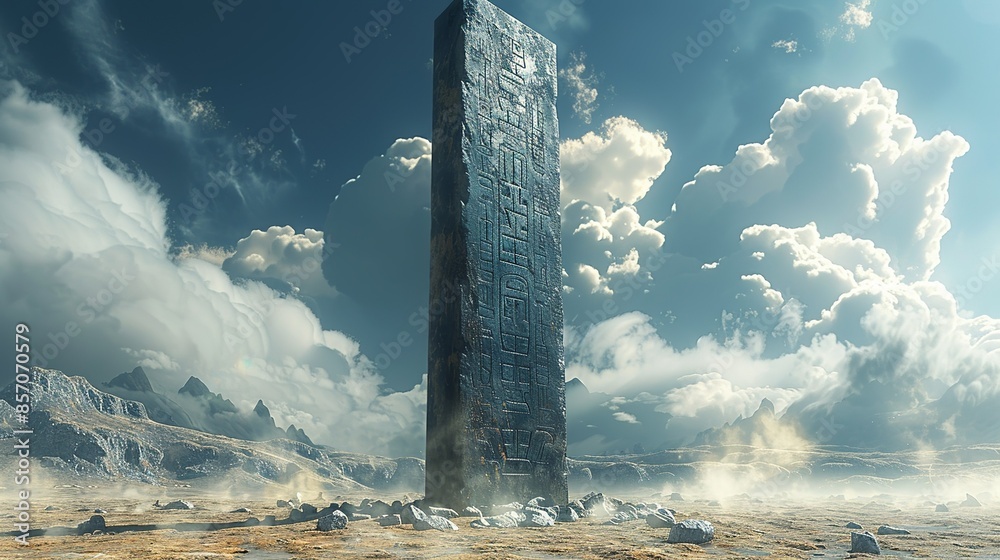 A towering monolith carved with intricate runes and glyphs, its purpose ...