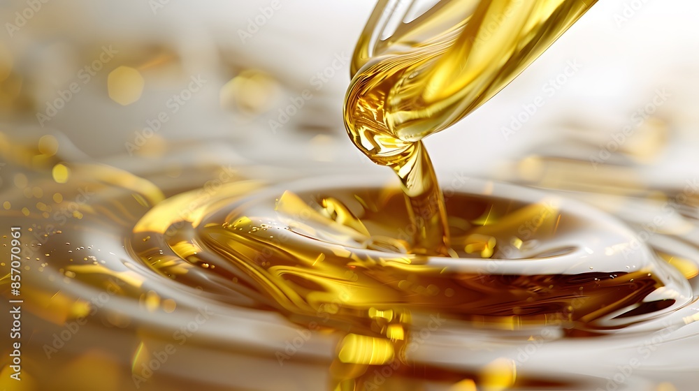 Olive oil poured into a crystal clear bottle, set against a seamless ...