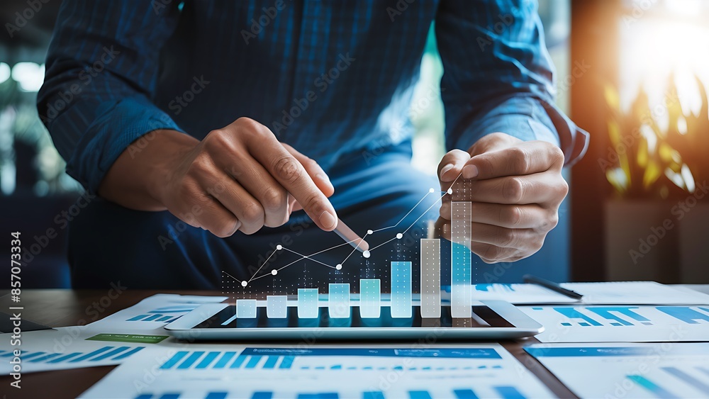Business intelligence analyst dashboard on virtual screen. Big data Graphs Charts. Businessman ...