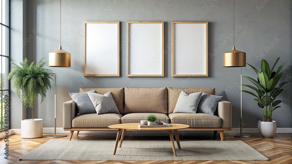 Three frames mockup in modern living room interior with sofa, render, three frames, mockup ...