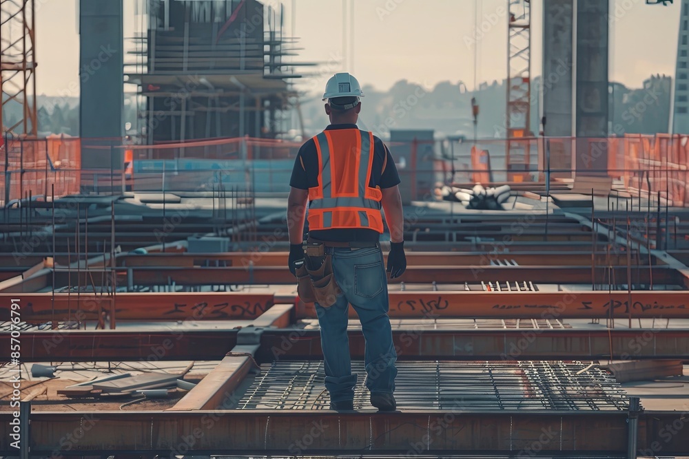 The construction site foreman inspects the structural framework ...