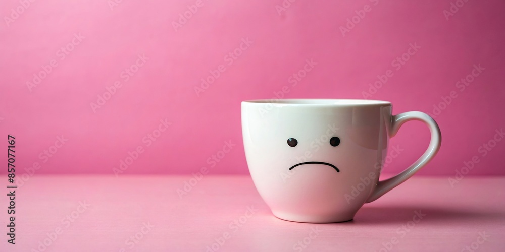 Sad coffee cup with frowning face expressing glumness on pink ...