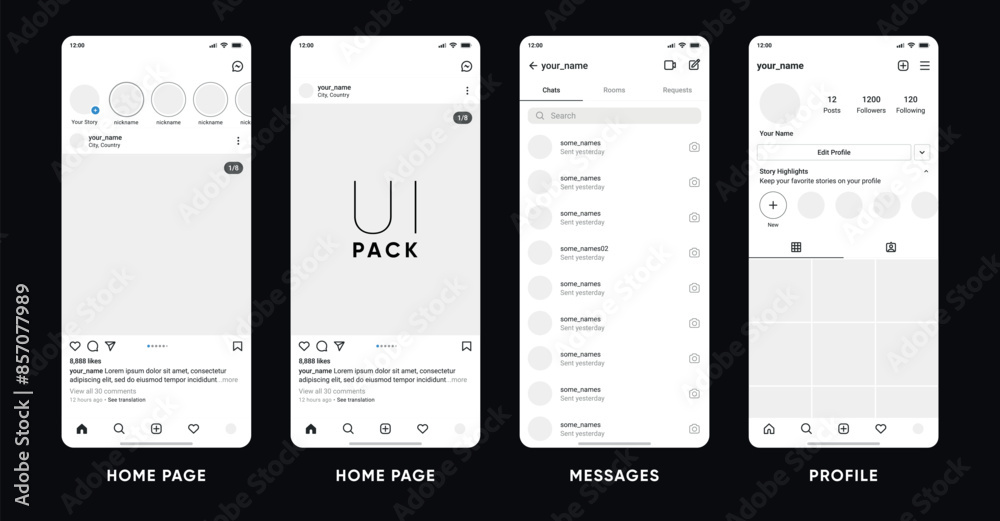 Instagram UI templates on white background. Post, profile, home page ...